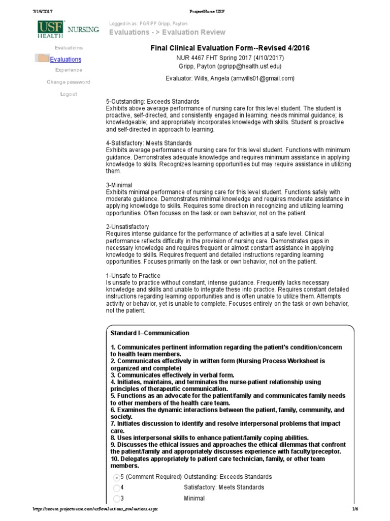 Evaluations Evaluation Review: Final Clinical Evaluation Form Revised 4/2016 | PDF | Nursing ...