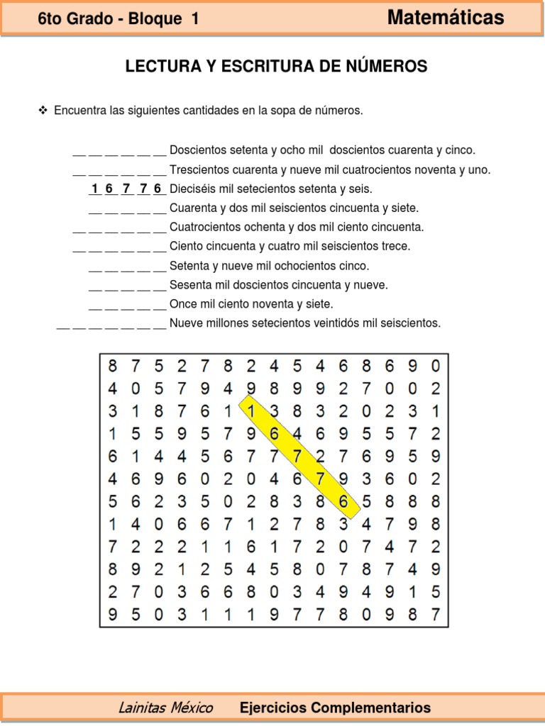 6to Grado - Matemáticas - Lectura y Escritura de Números Naturales PDF ...
