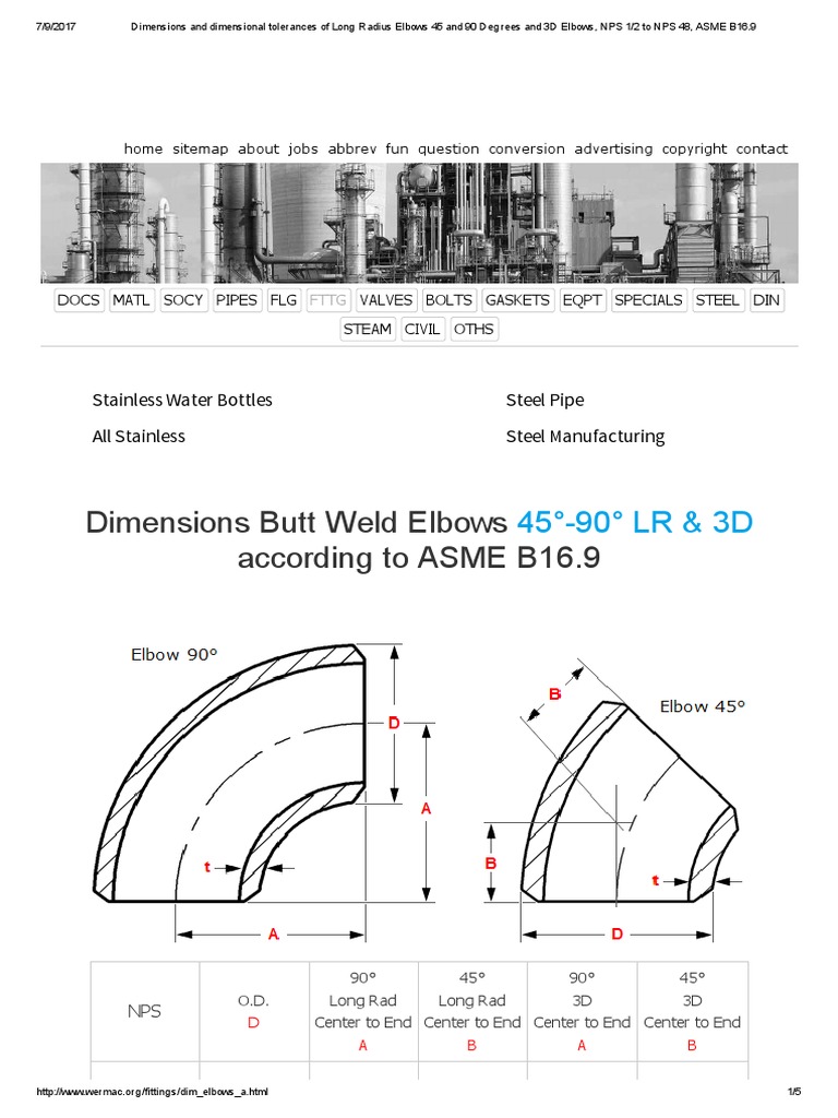Dimensions and Dimensional Tolerances of Long Radius Elbows 45 and 90 ...