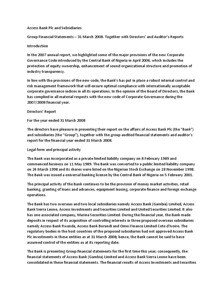 Access Bank PLC and Subsidiaries | PDF | Financial Statement | Banks