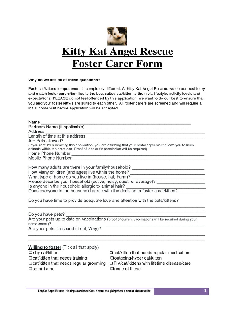 Foster Care Application for KittyKat Rescue | PDF | Kitten | Cats