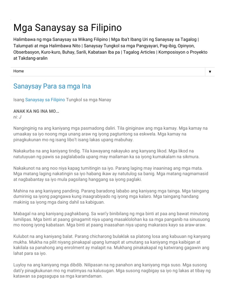 Mga Sanaysay Sa Filipino: Sanaysay para Sa Mga Ina PDF | PDF