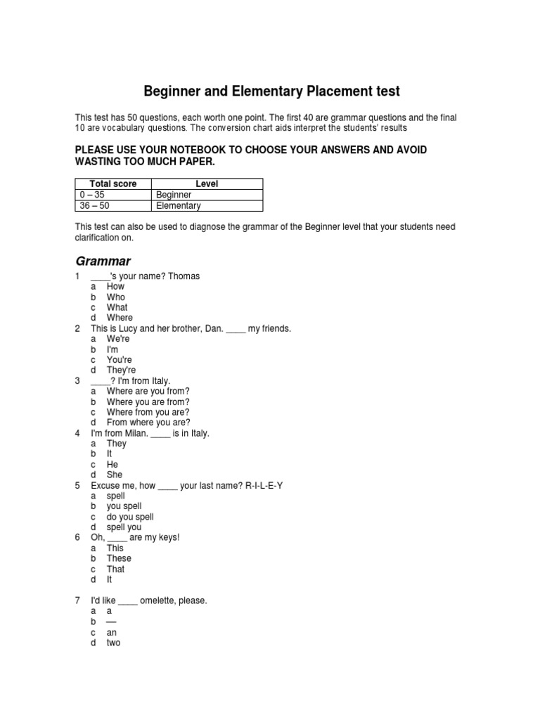 Beginner and Elementary Placement Test | PDF