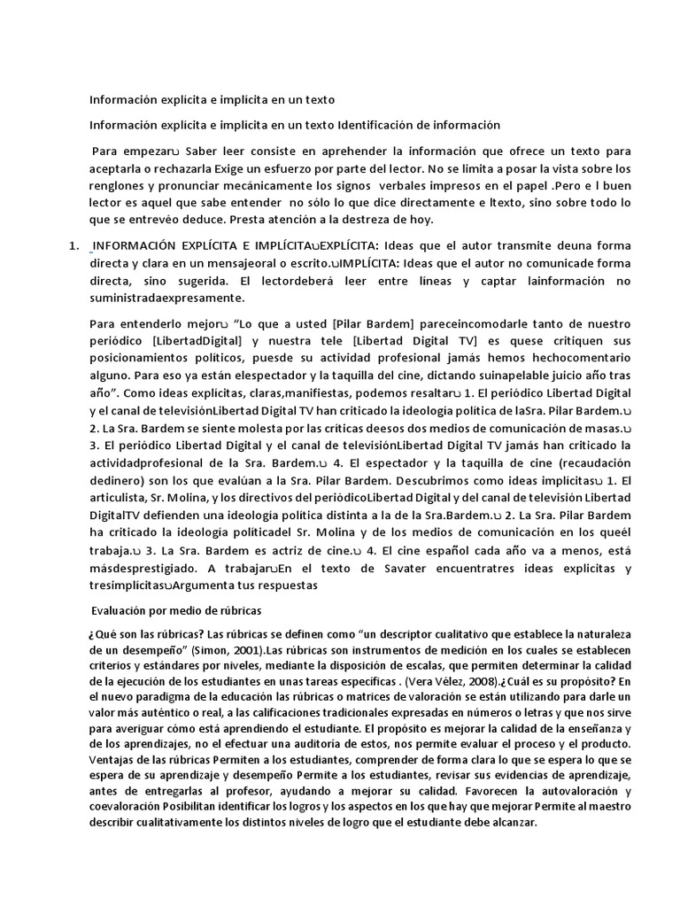 Información Explícita e Implícita en Un Texto | PDF | Puntuación | Soporte