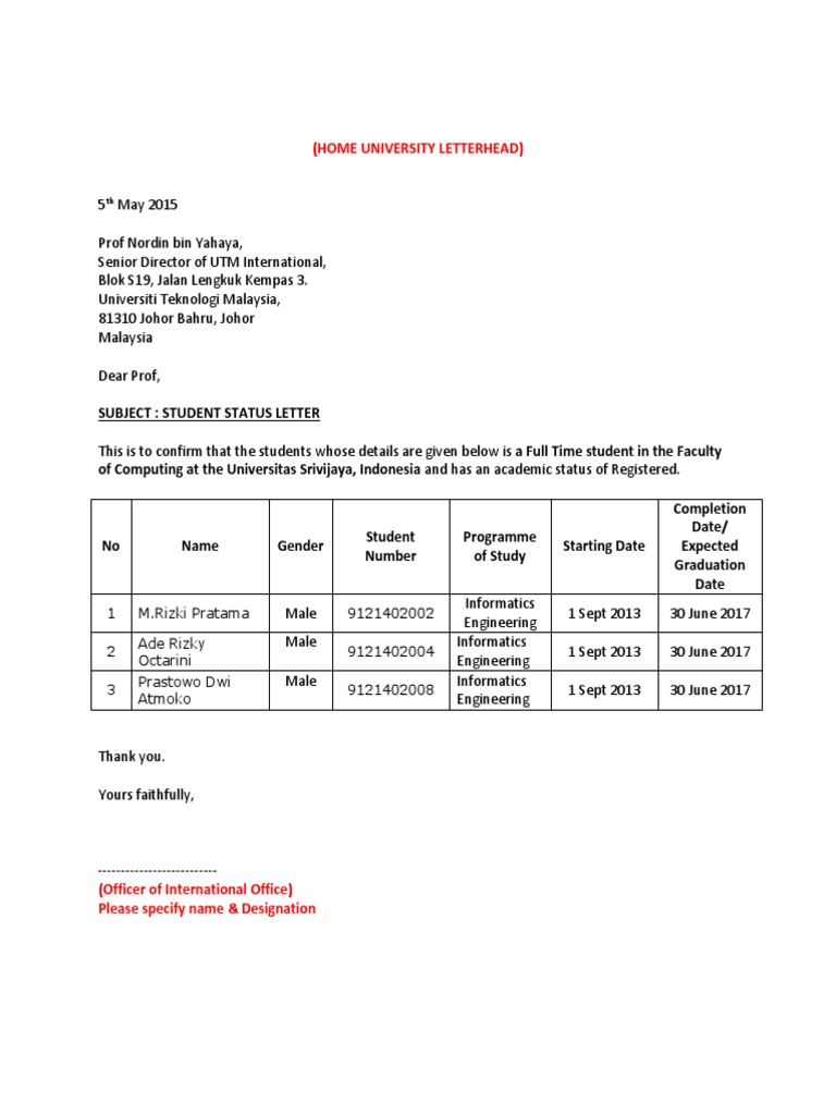 (Home University Letterhead) : Subject: Student Status Letter | PDF