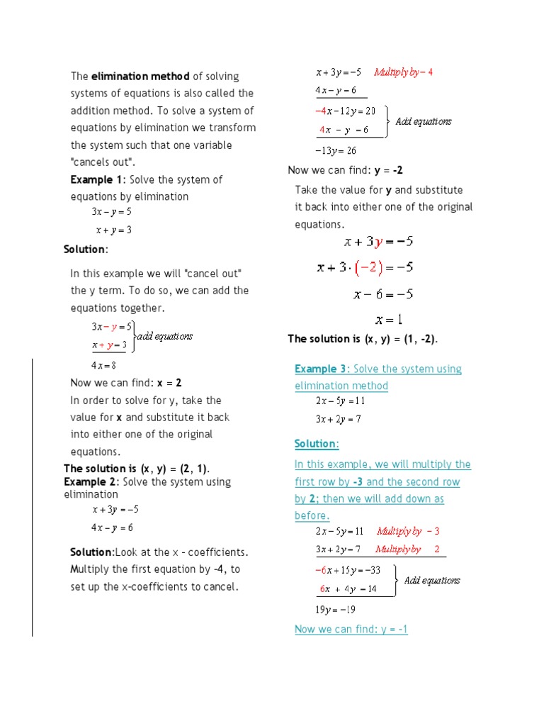 Solving systems of equations using the elimination method | PDF