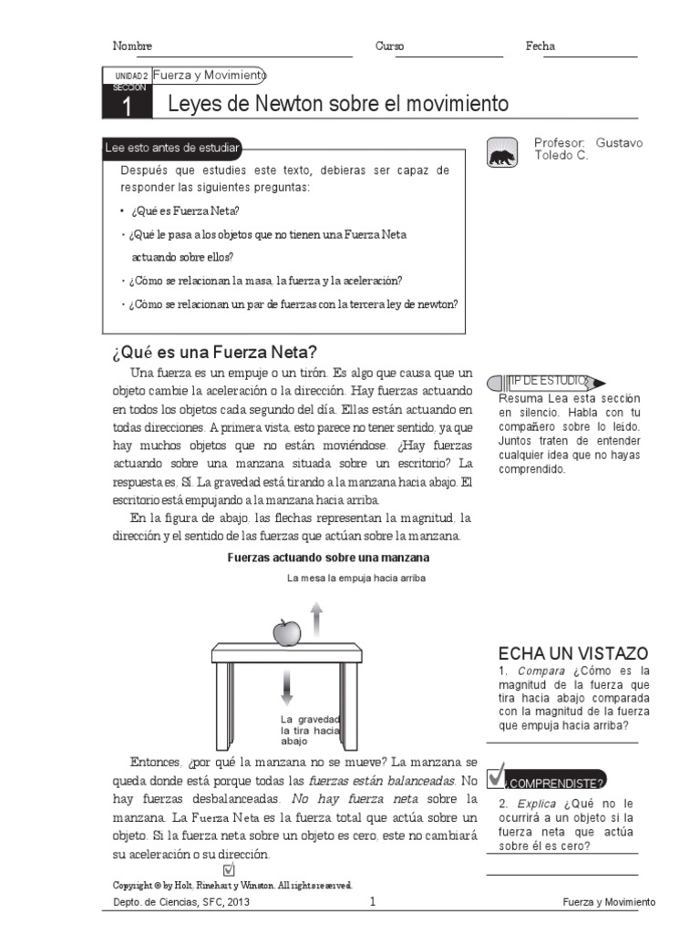 Leyes de Newton Sobre El Movimiento Hoja de Trabajo | PDF | Las leyes ...