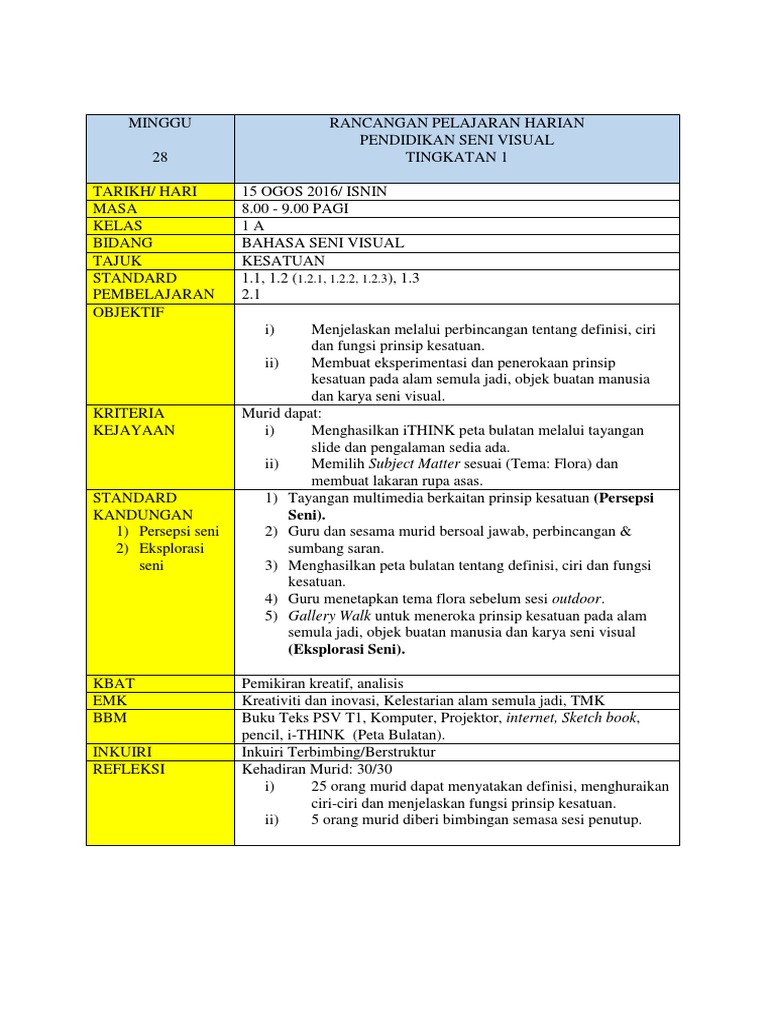 RPH PSV Tingkatan 1 - Kesatuan | PDF