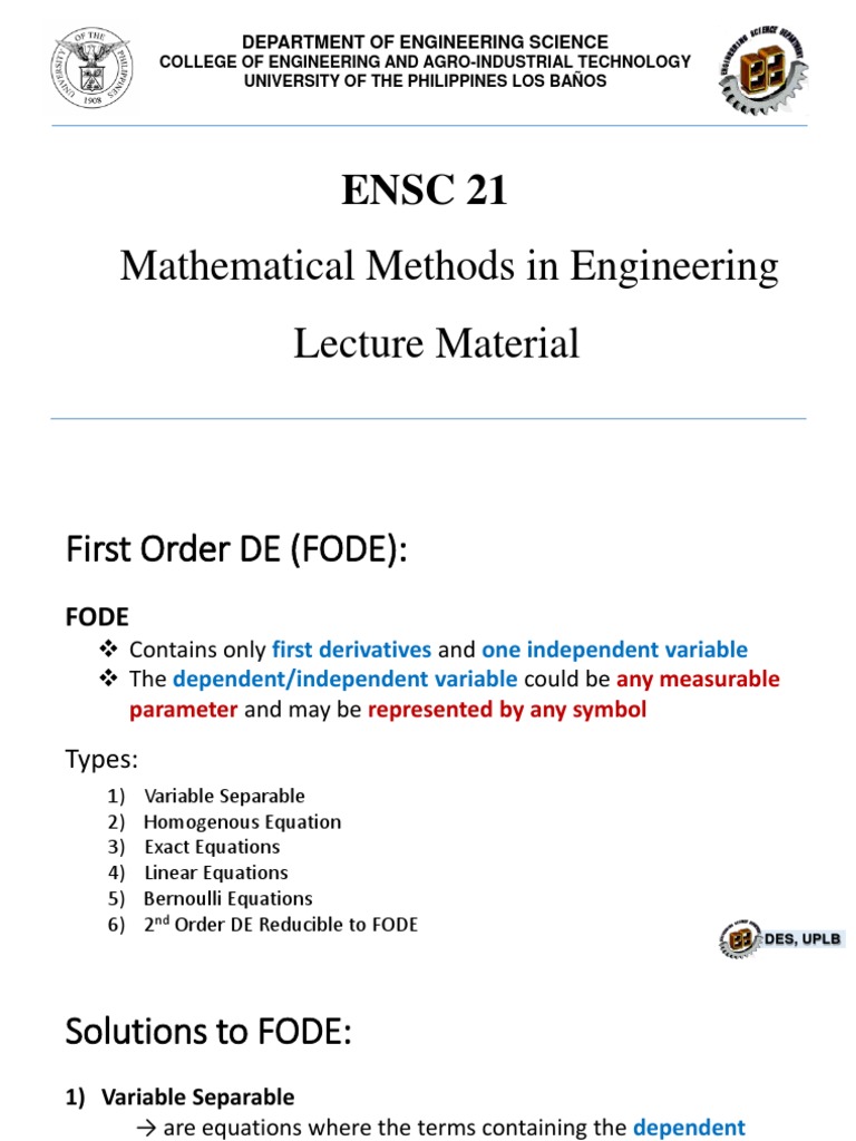 2 - Methods of Solution To FODE | PDF | System Of Linear Equations ...