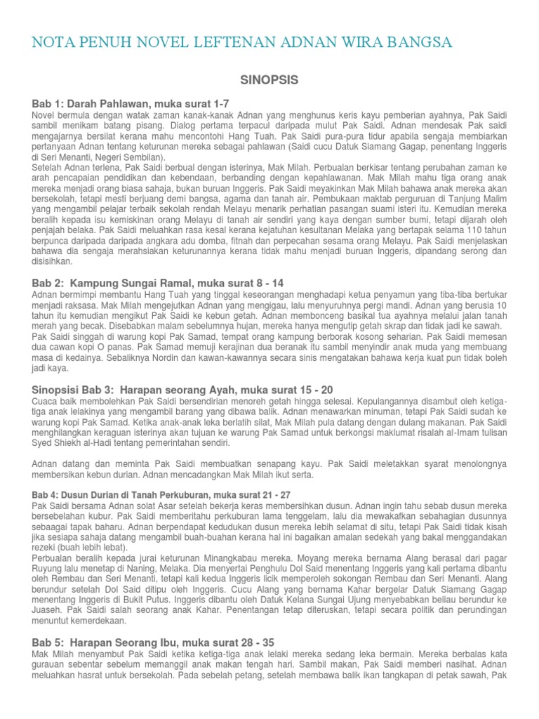 Nota Penuh Novel Leftenan Adnan Wira Bangsa | PDF