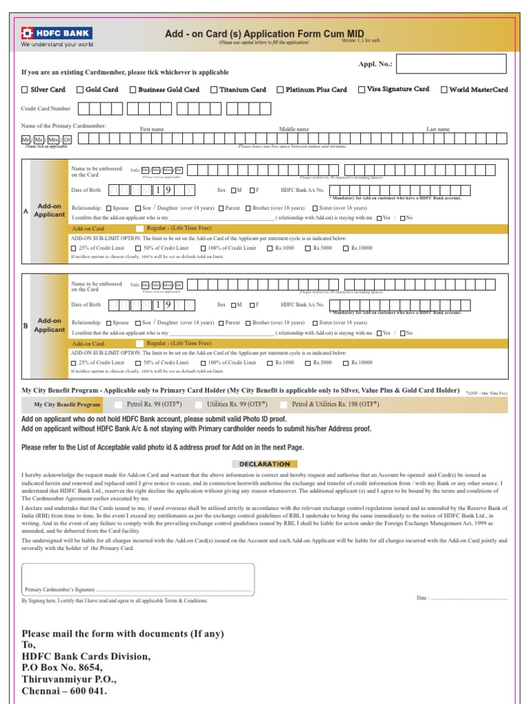 HDFC Add On Card Application | PDF | Credit Card | Identity Document