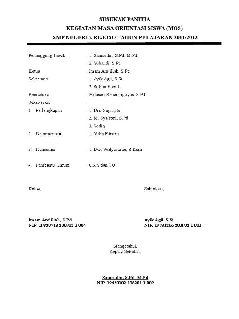 Susunan Panitia Mos 2012 | PDF