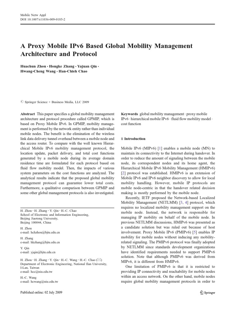 A Proxy Mobile Ipv6 Based Global Mobility Management Architecture and Protocol | PDF | I Pv6 ...