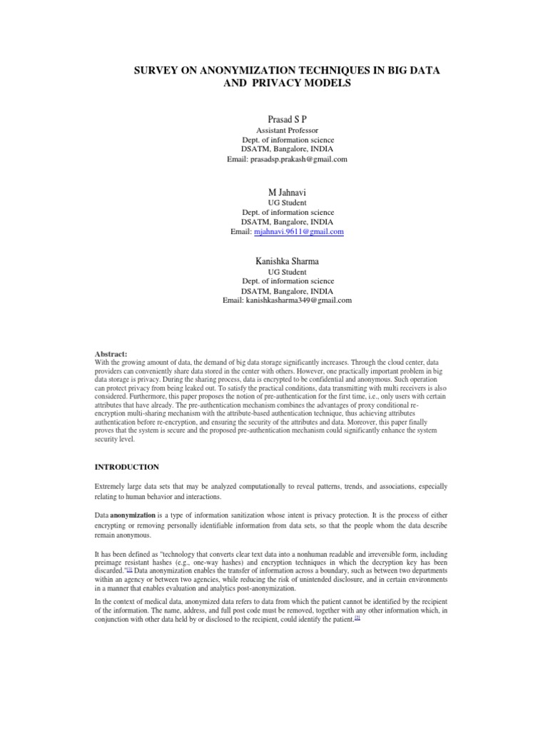 Survey On Anonymization Techniques In Big Data And Privacy Models Pdf Privacy Relational