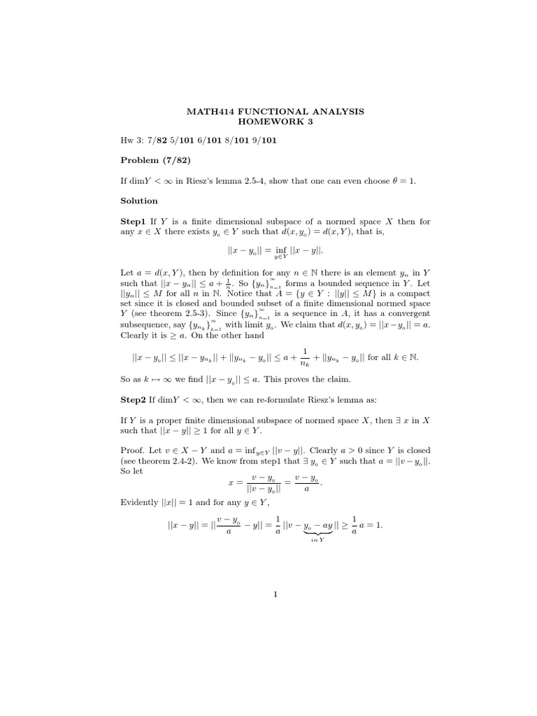 If Y Is A Proper Finite Dimensional Subspace of Normed Space X, Then Dist (X, Y) 1 | PDF ...