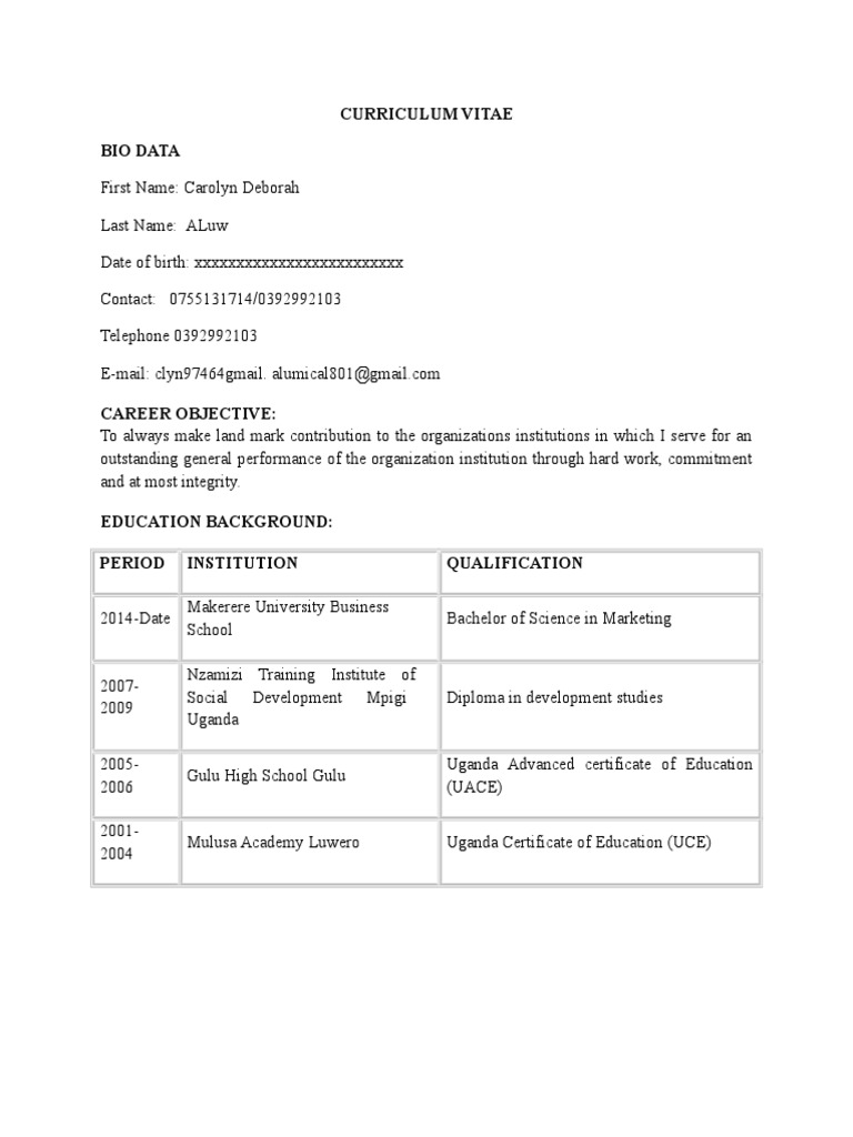 Curriculum Vitae Bio Data | PDF | Uganda | Agriculture