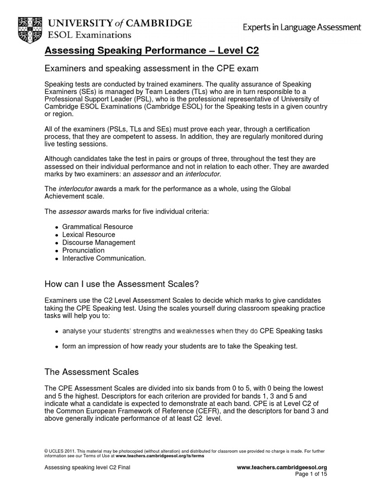 Assessing Speaking Performance C2 Pdf Educational Assessment Test