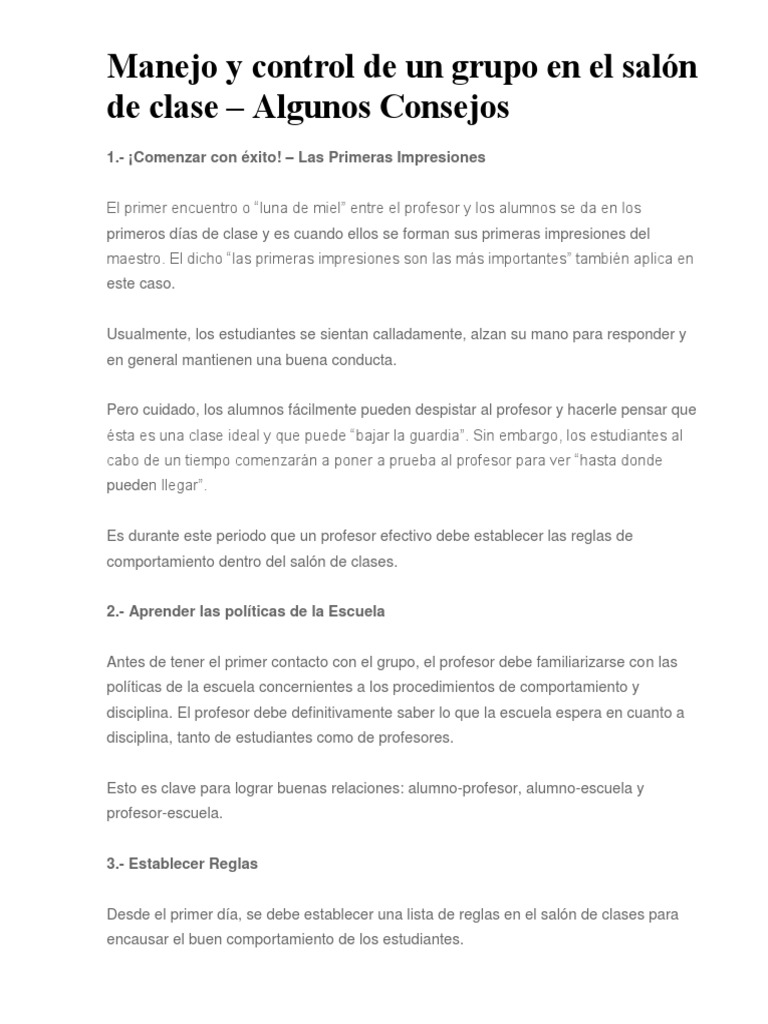 Manejo y Control de Un Grupo en El Salón de Clase | PDF | Disciplinas ...