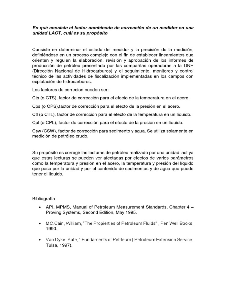 En Qué Consiste El Factor Combinado de Corrección de Un Medidor en Una Unidad LACT | PDF
