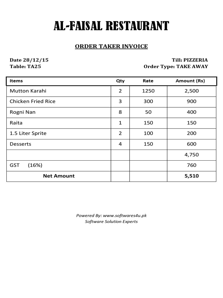 Al-Faisal Restaurant: Order Taker Invoice | PDF
