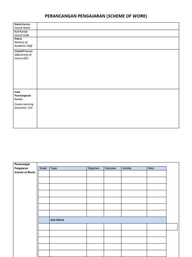 Course Scheme of Work Template | PDF