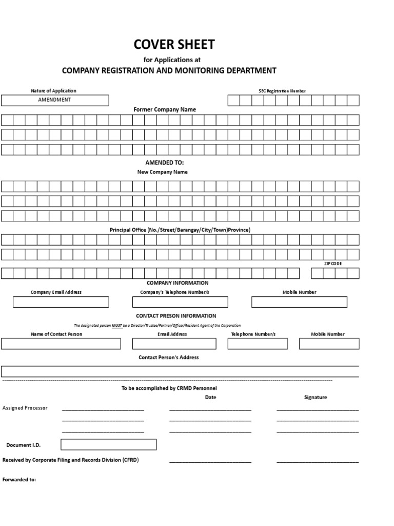 Cover Sheet for Application at Company Registration and Monitoring ...