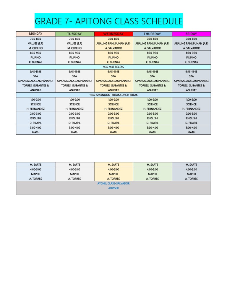 Grade 7 Apitong Class Schedule | PDF