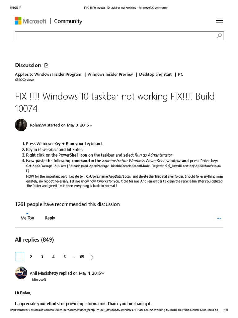 FIX !!!! Windows 10 Taskbar Not Working - Microsoft Community | PDF ...