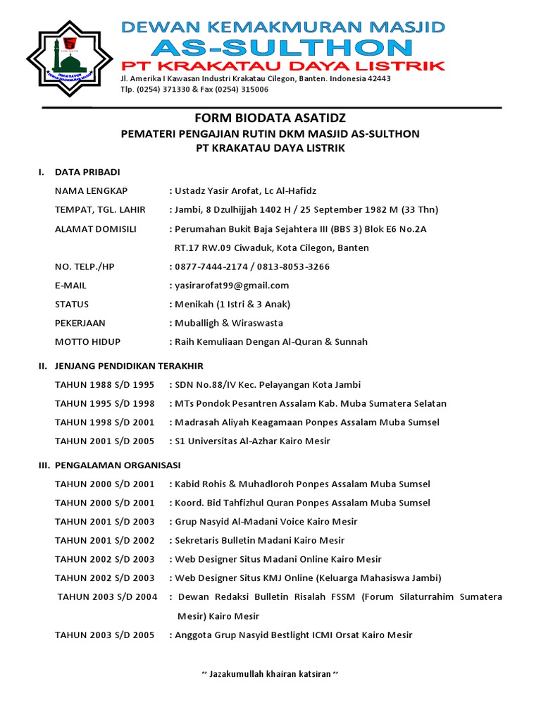 Form Biodata Asatidz | PDF