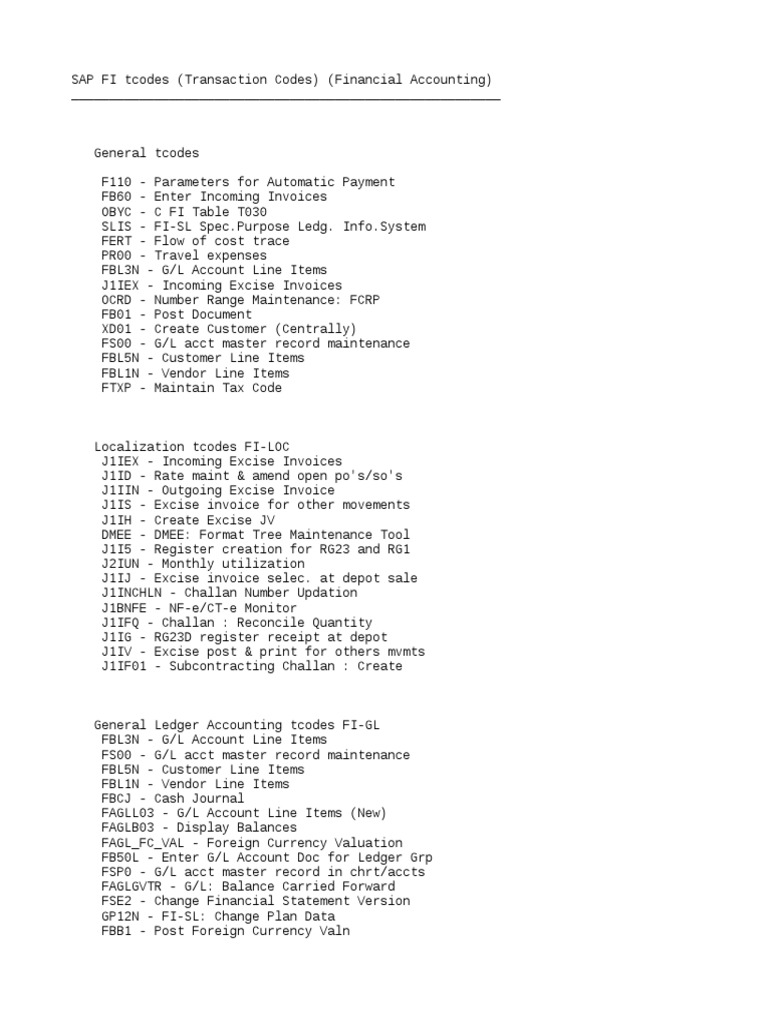 SAP Fico T Codes | PDF | Invoice | Receipt