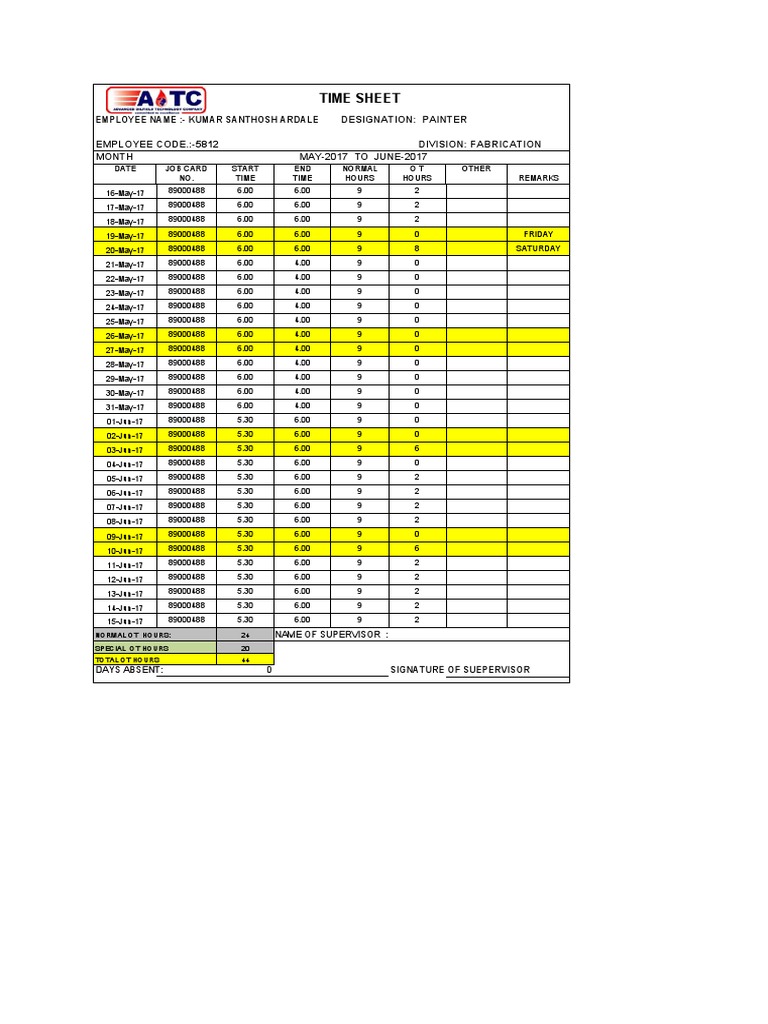 Kumar Santhose Closing Time Sheet 1 | PDF | Supervisor | Labor
