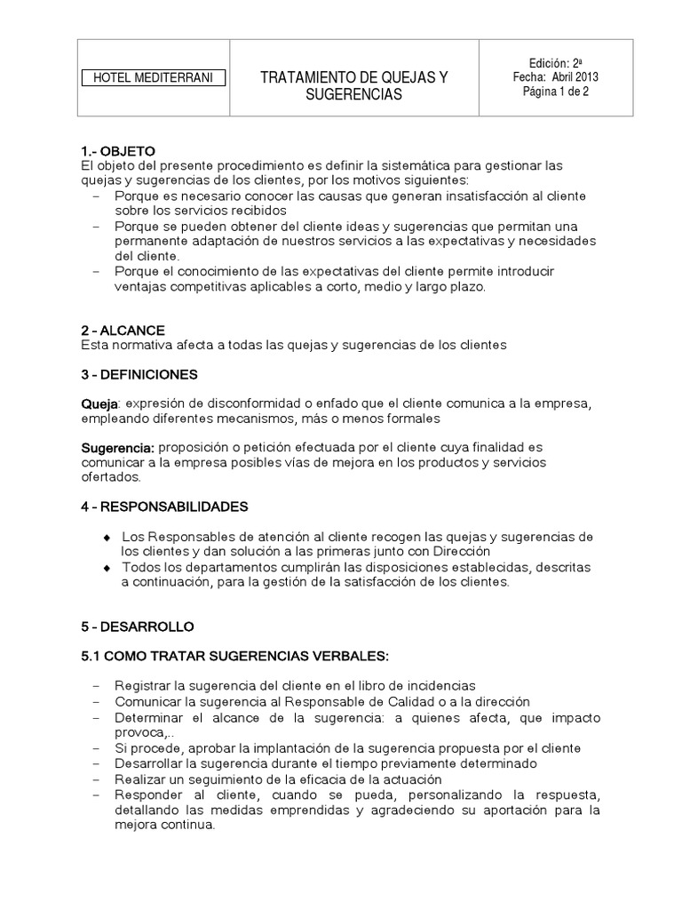 Gestión de Quejas y Sugerencias en Hotel | PDF | Cliente | Calidad ...