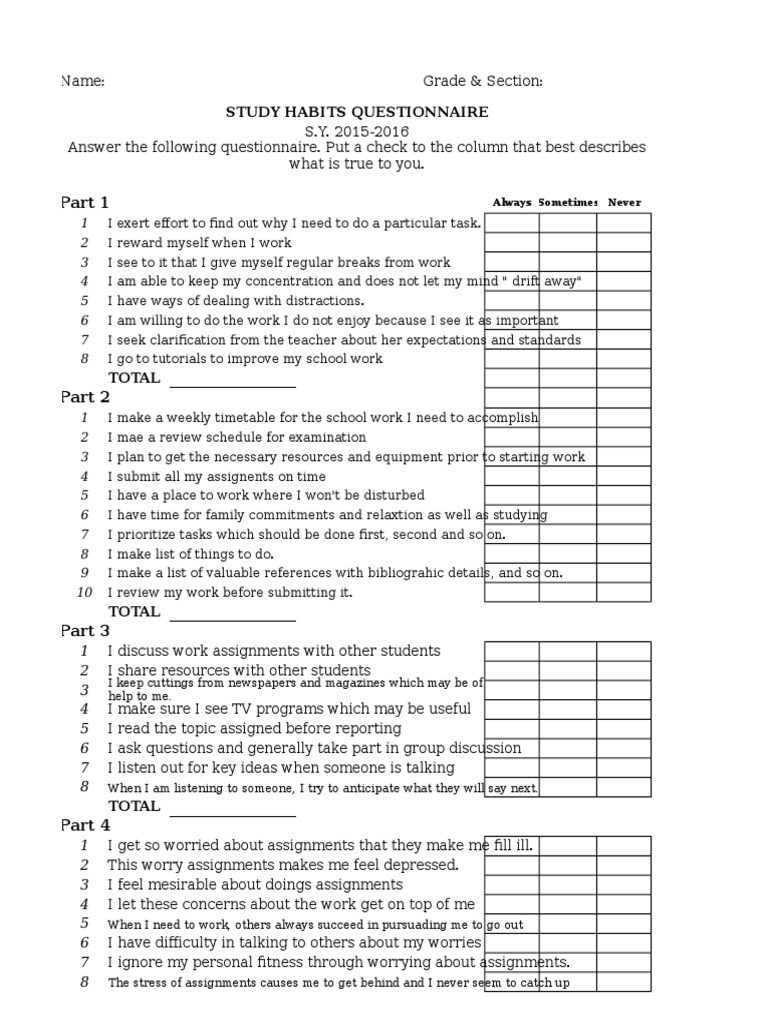Study Habits Questionnaire for Students | PDF | Communication | Cognition