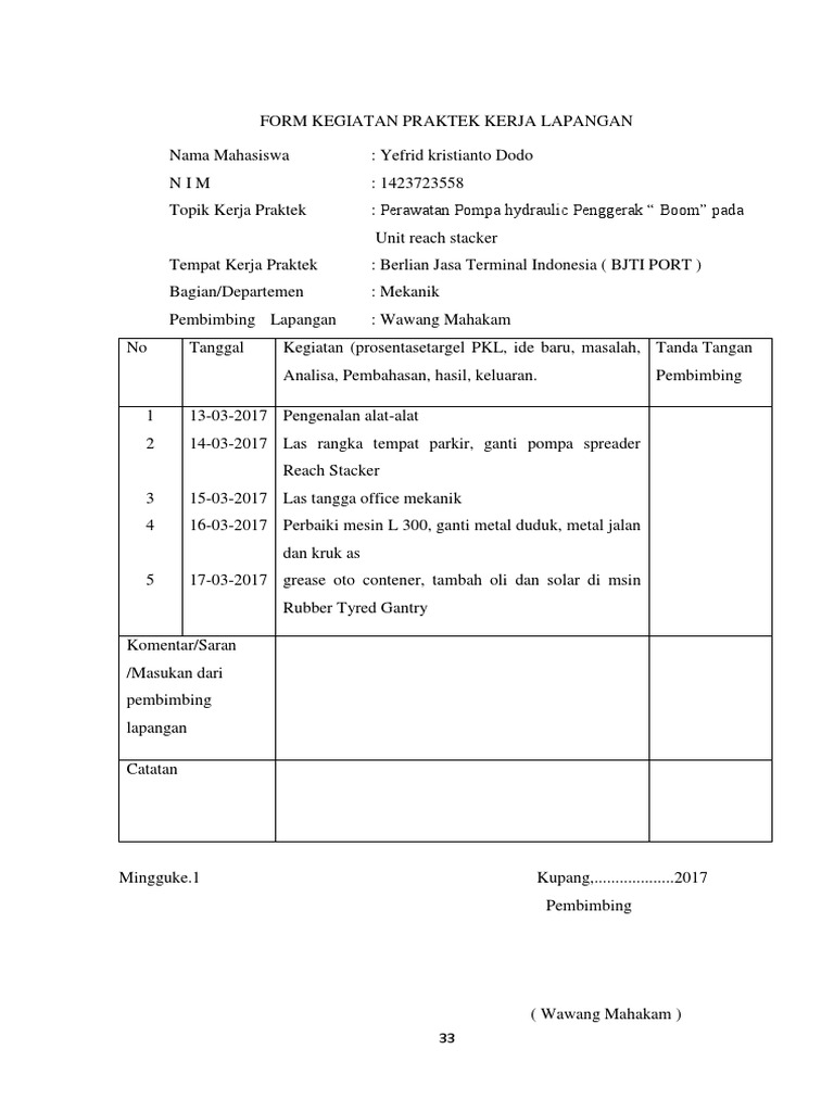 Form Kegiatan Praktek Kerja Lapangan | PDF