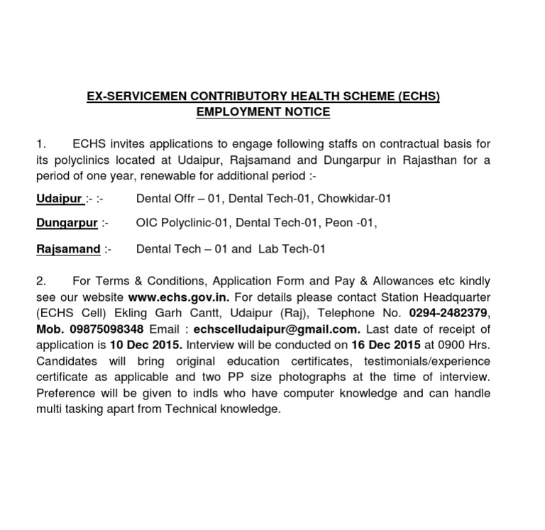 Ex-Servicemen Contributory Health Scheme (Echs) Employment Notice | PDF