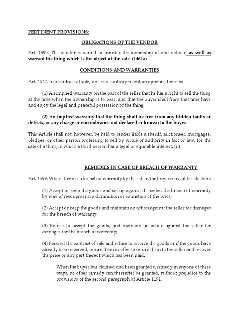 Provisions On SALE (RTS) | PDF | Implied Warranty | Breach Of Contract