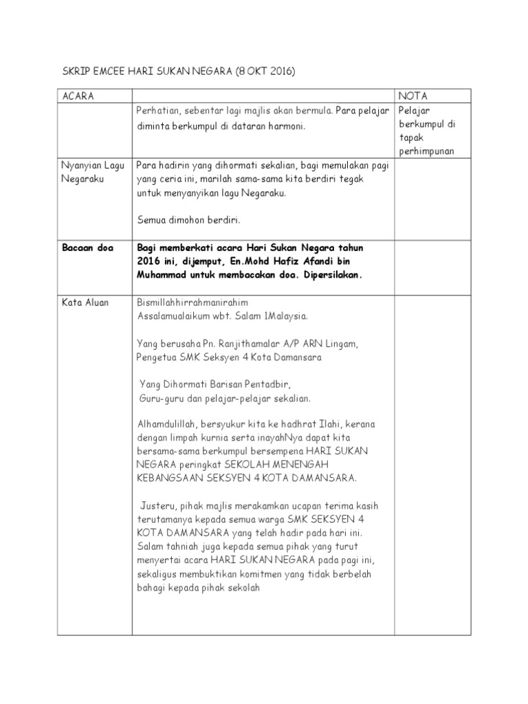 Skrip Emcee Hari Sukan Negara 2016 | PDF