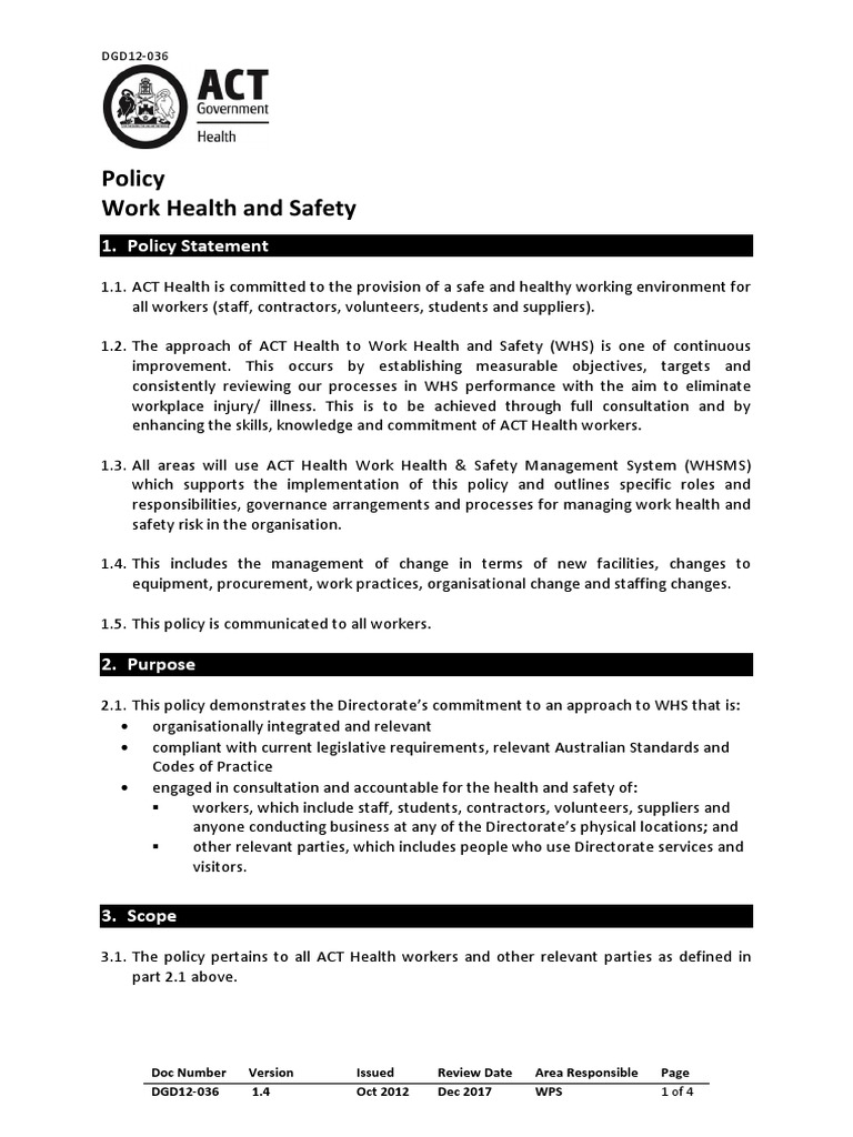 Work Health and Safety Policy | PDF | Occupational Safety And Health ...