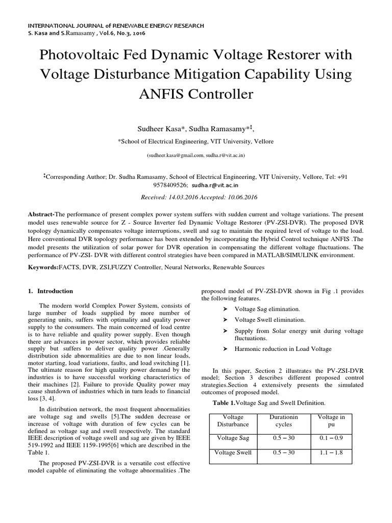 Photovoltaic Fed Dynamic Voltage Restorer With Voltage Disturbance Mitigation Capability Using ...