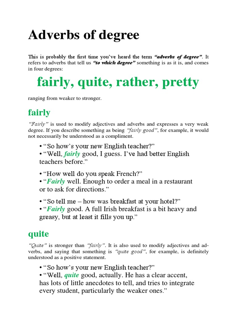 Adverbs of Degree: Fairly, Quite, Rather, Pretty | PDF | Adverb | Adjective