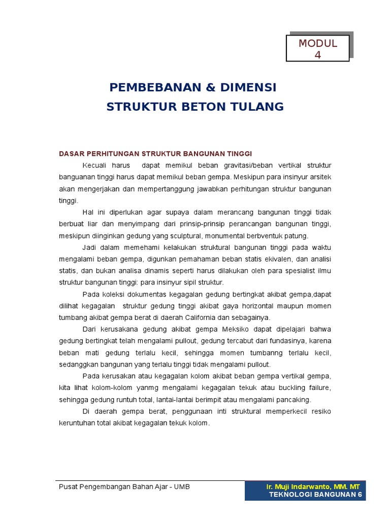 Pembebanan Dan Dimensi Struktur Beton Tu | PDF