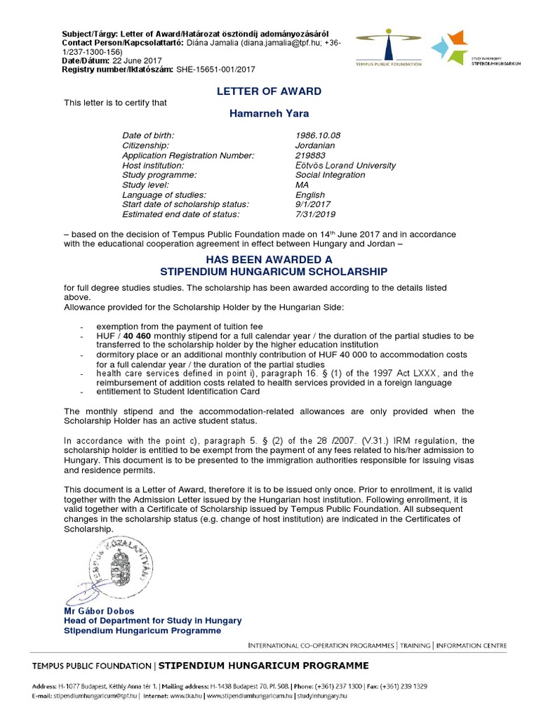 Letter of Award - Yara Hamarneh | PDF | Identity Document | Immigration Law
