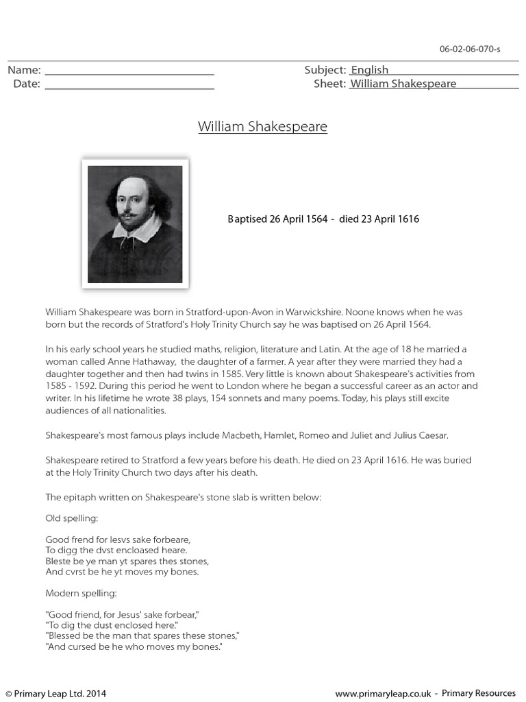 William Shakespeare Comprehension | PDF | William Shakespeare | Poetry