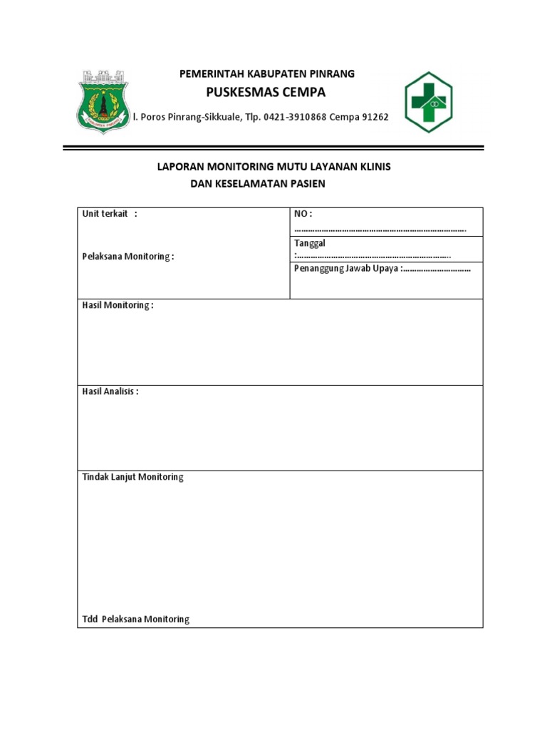Format Laporan Monitoring Mutu Layanan Klinis Dan Keselamatan Pasien | PDF