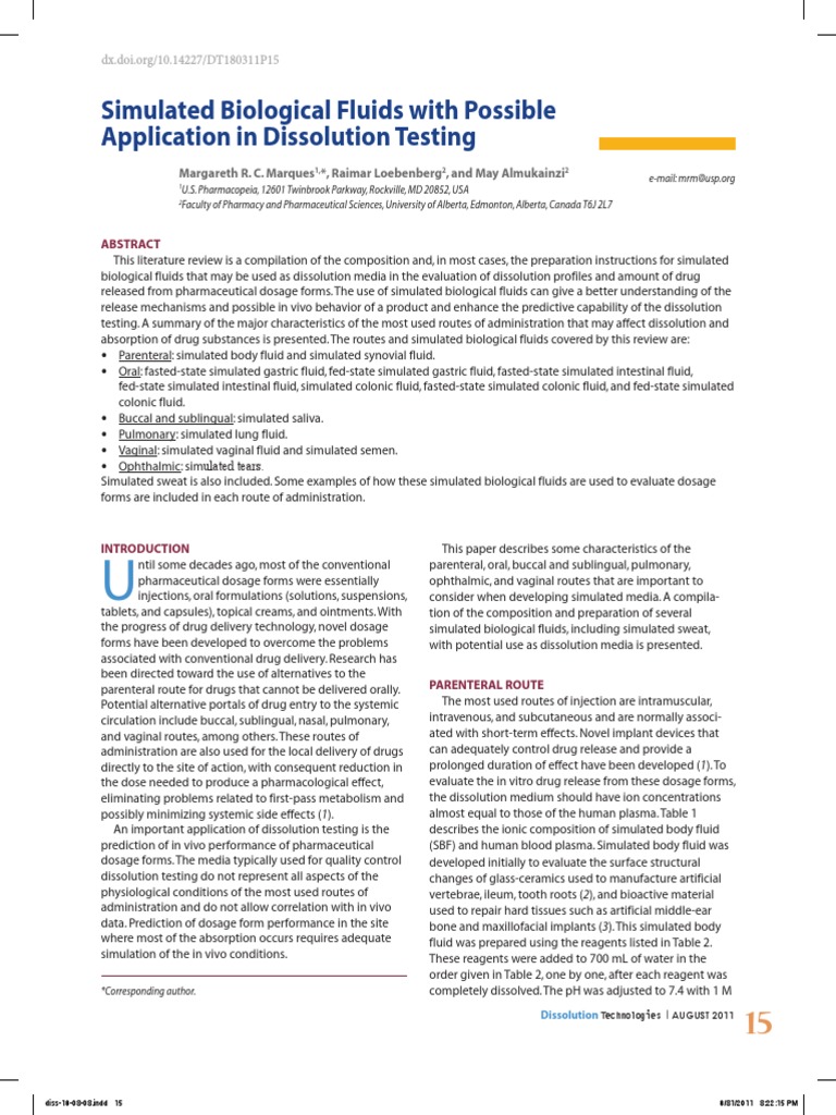 Simulated Biological Fluids for Dissolution | PDF | Large Intestine ...