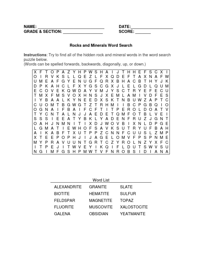 Rocks and Minerals Word Search | PDF | Word Search | Rocks
