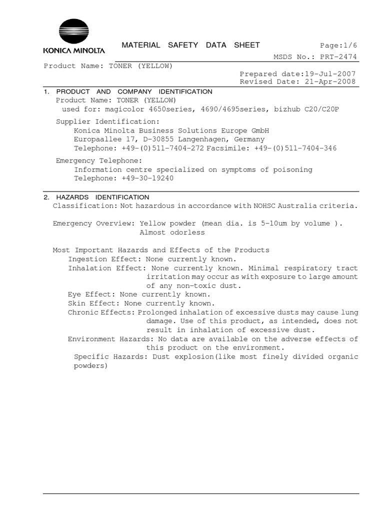 Safety Data Sheet for Toner (Yellow) Powder: Hazards, Composition ...