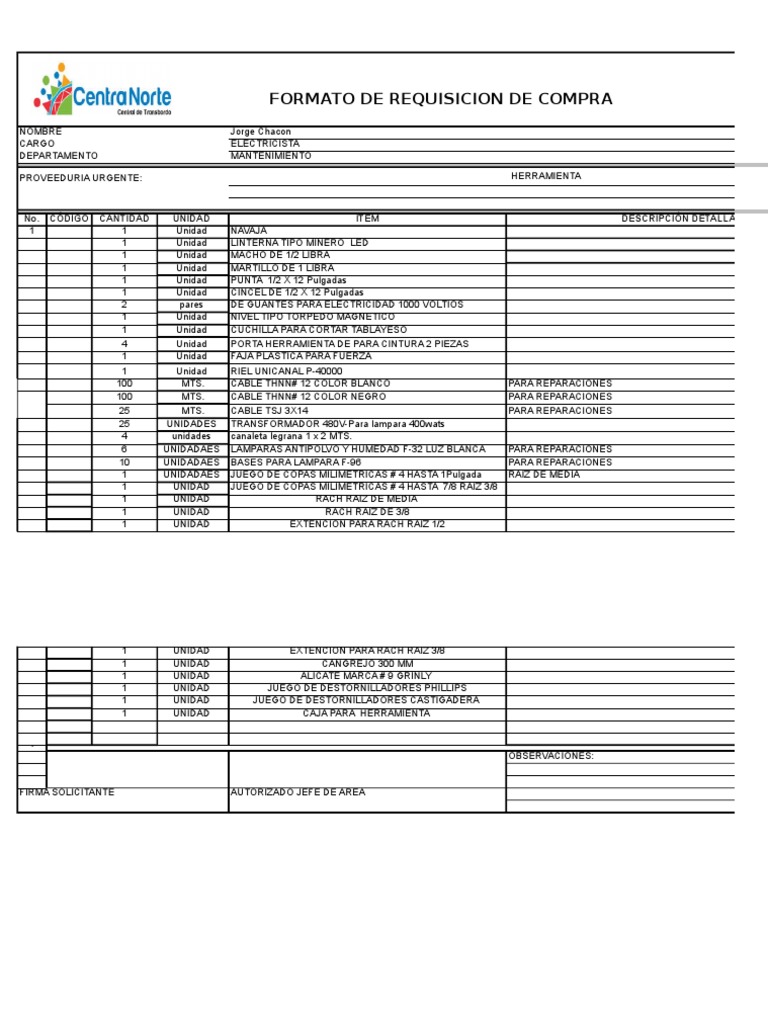 Requisición de Materiales.xls | Bienes manufacturados | Equipo