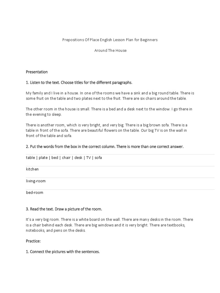 Prepositions of Place English Lesson Plan For Beginners | PDF