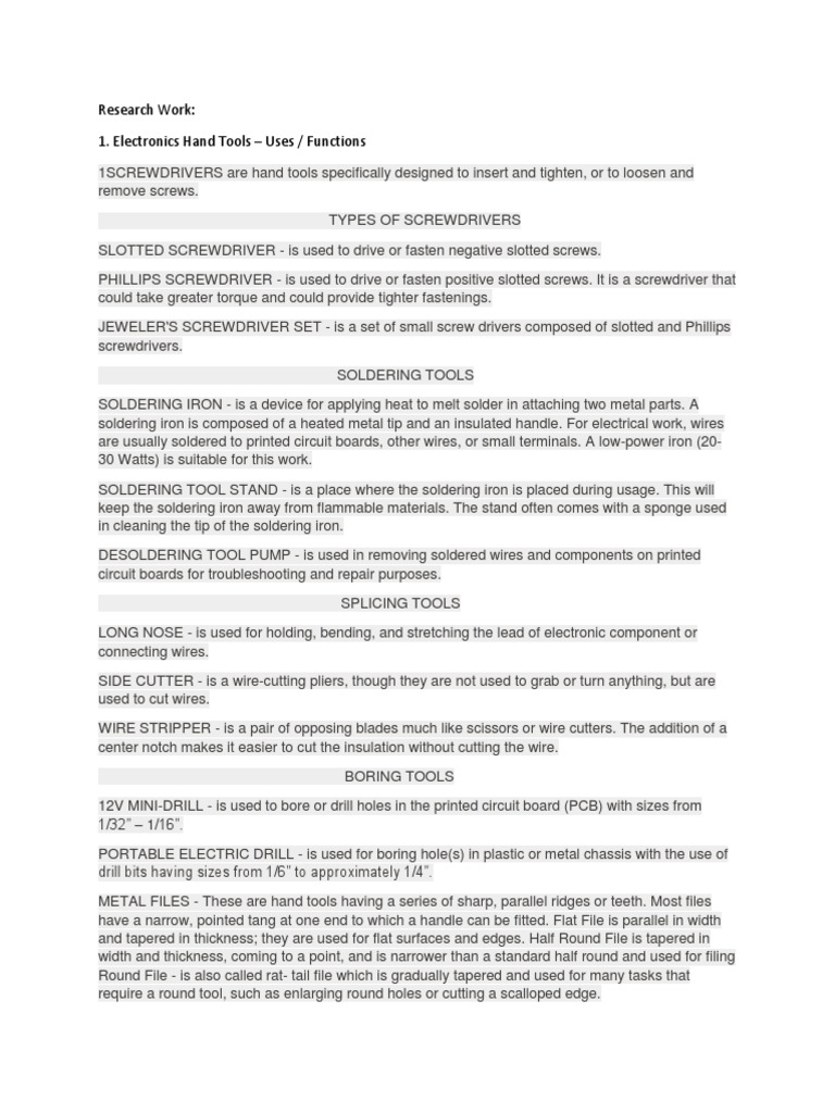 Research Work: 1. Electronics Hand Tools - Uses / Functions | PDF ...